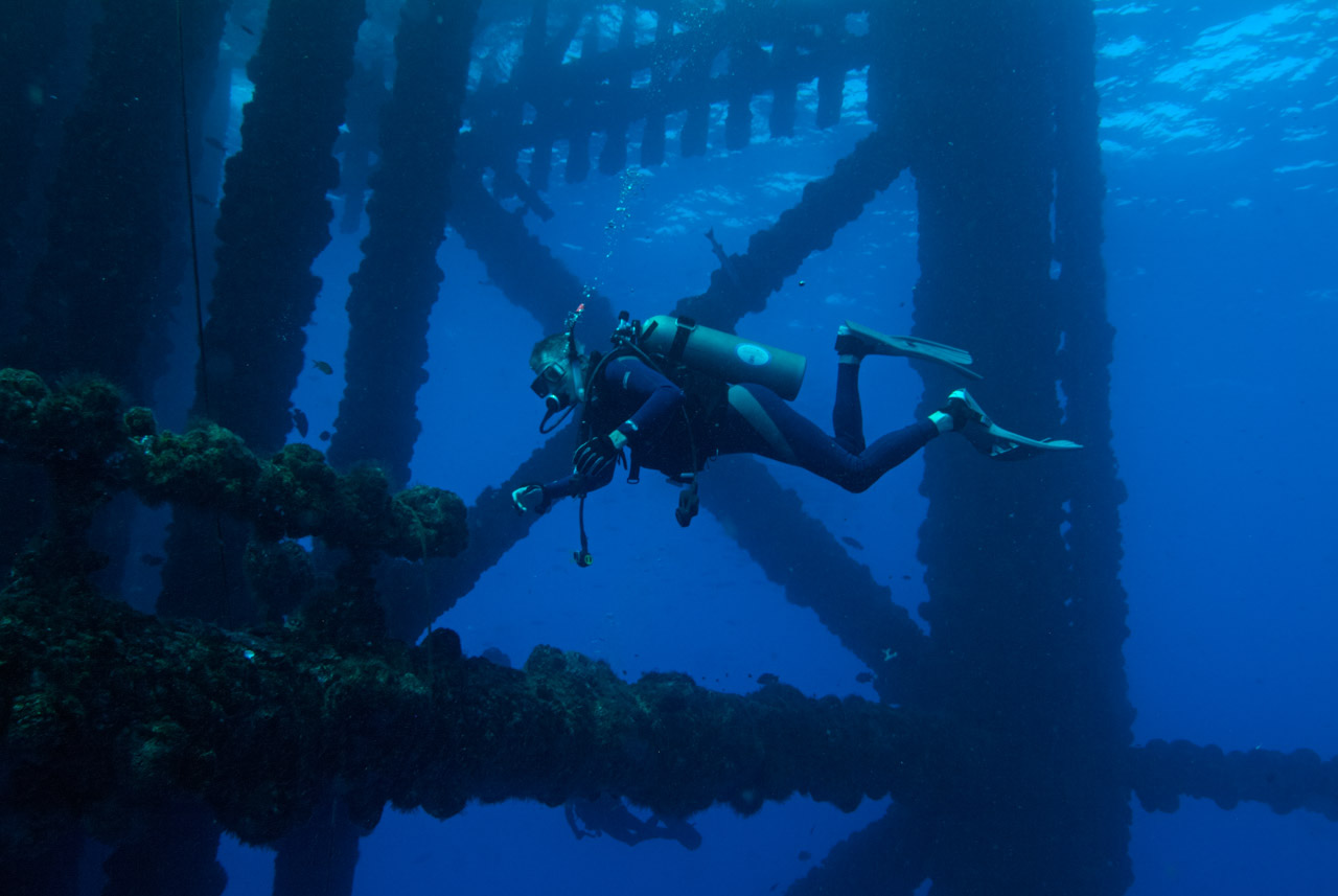 Diving on oil platforms in the Gulf of Mexico off Texas, USA