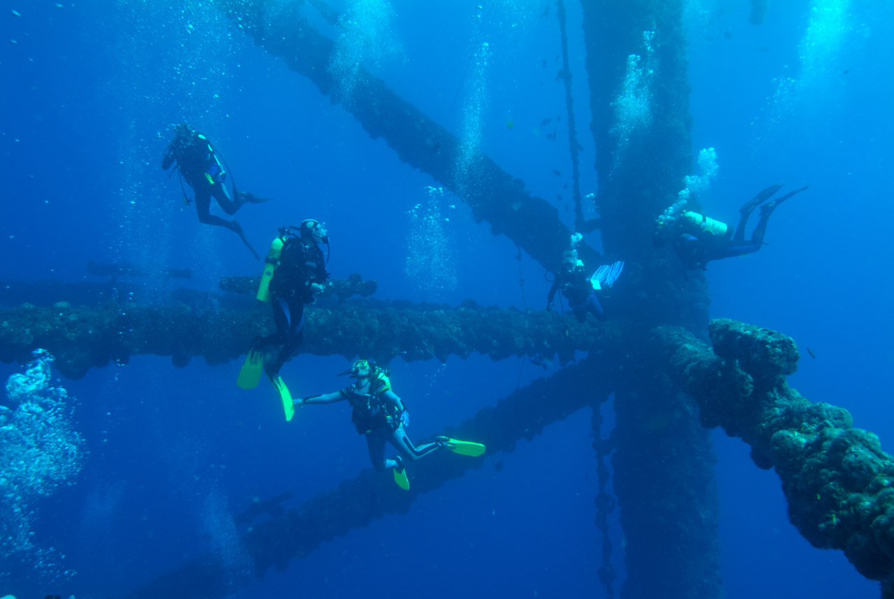 Diving on oil platforms in the Gulf of Mexico off Texas, USA